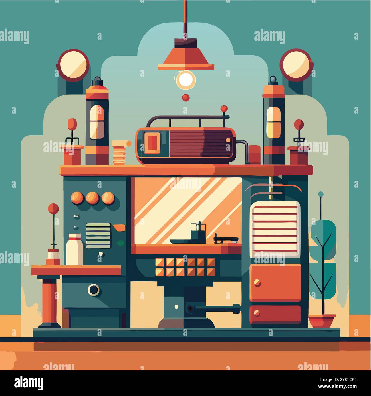 A retro futuristic illustration of a futuristic control room with a ...
