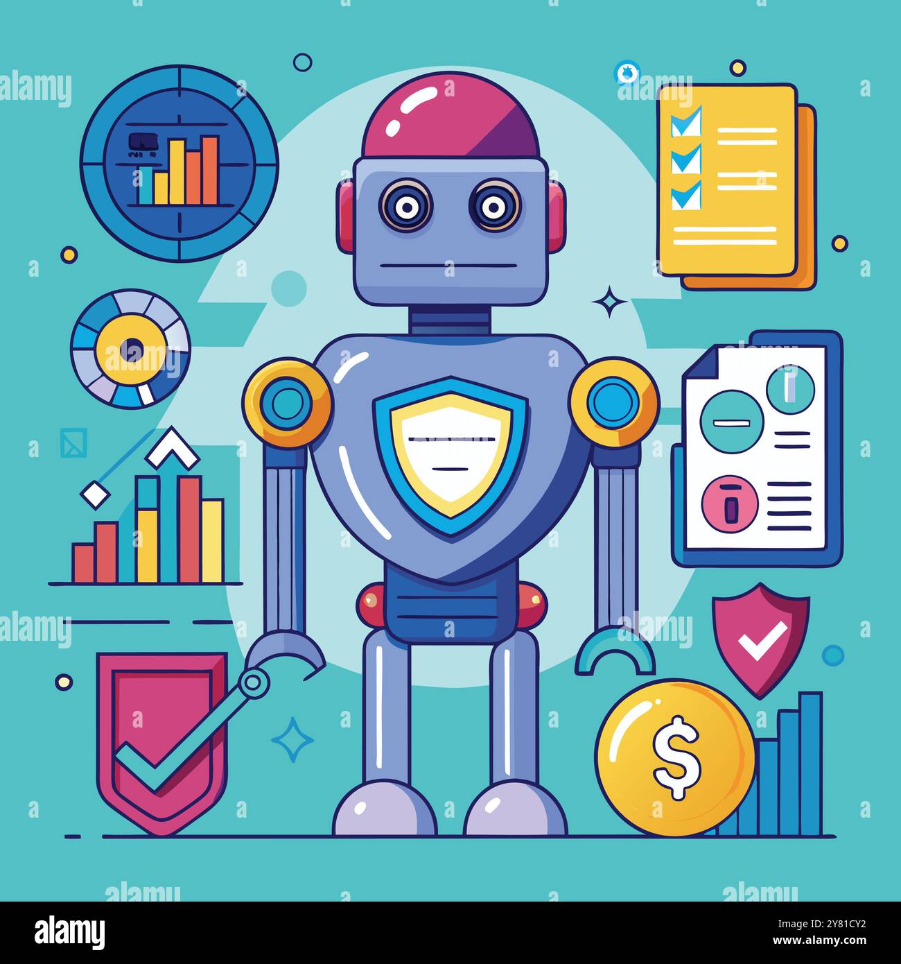 A friendly robot stands confidently. surrounded by symbols of success ...