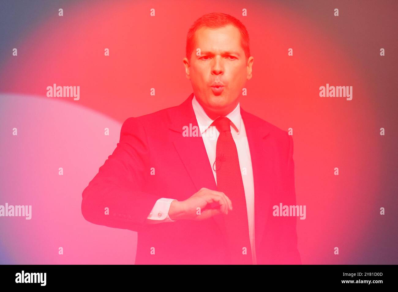 Conservative Party leadership candidate Robert Jenrick delivers a ...