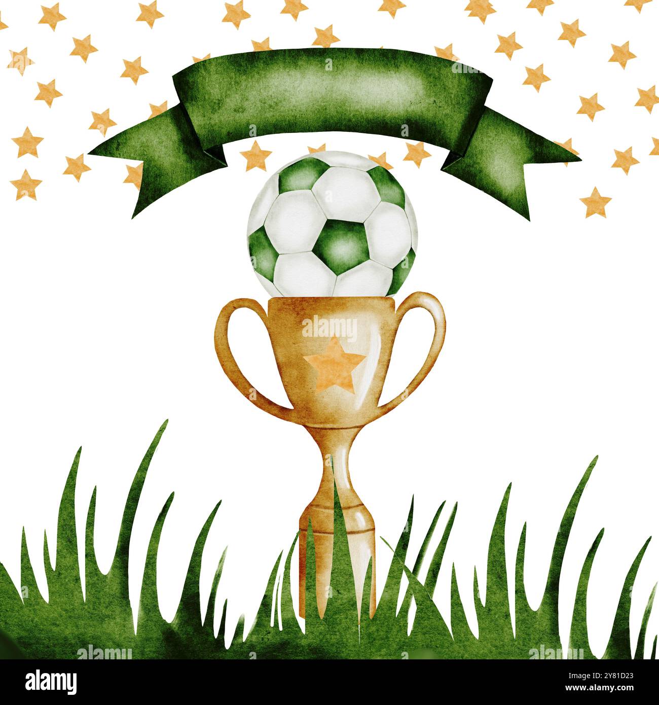 Football Watercolor. Hand drawn composition of a trophy cup, soccer ...