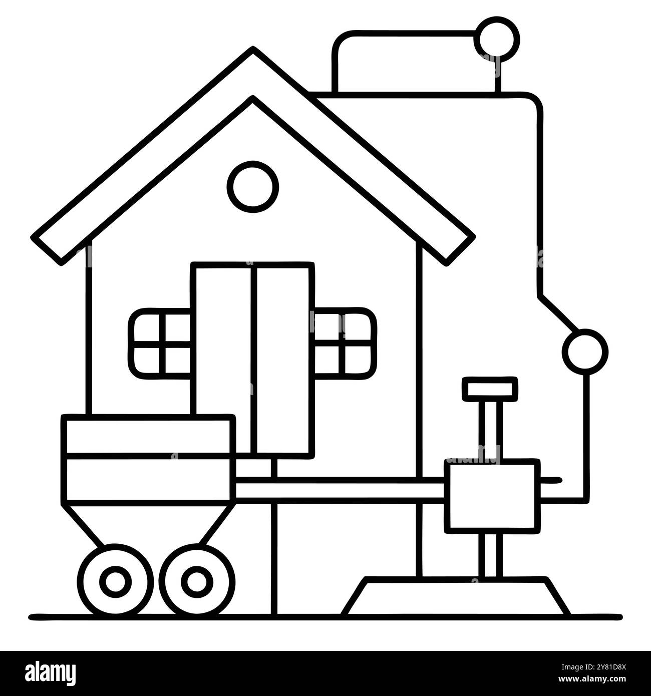 A simple. line art illustration depicting a stylized house with a ...