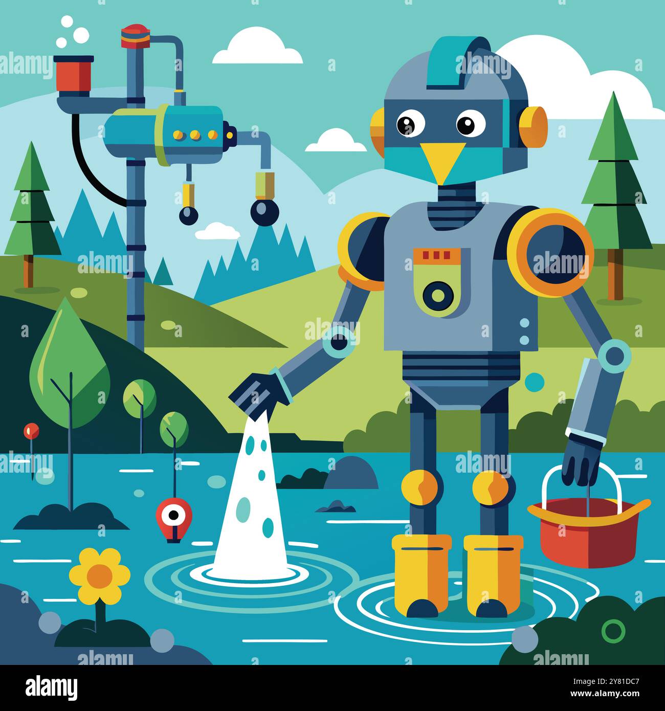 A friendly robot with a bucket in one hand scoops water from a lake. A ...