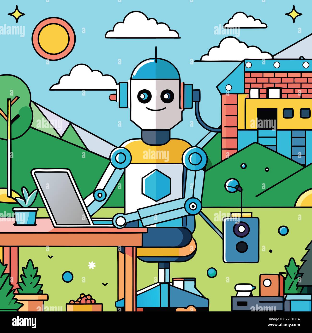 A friendly robot wearing headphones works on a laptop in a colorful ...