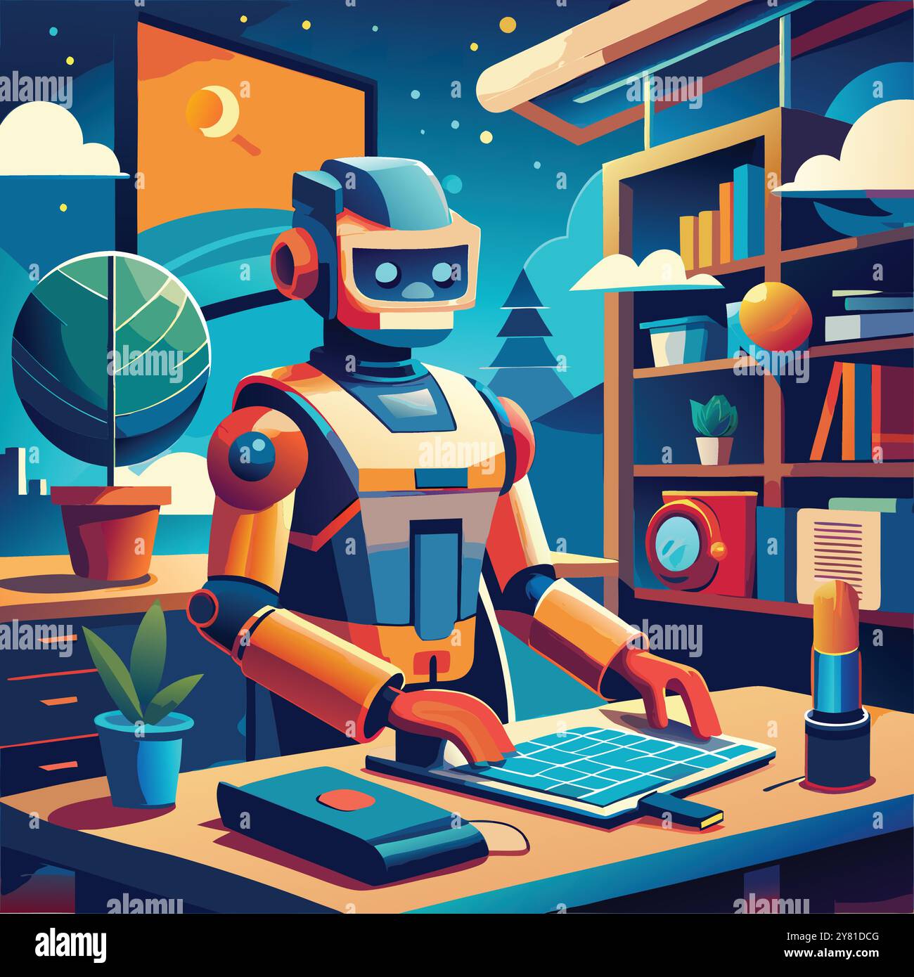 A friendly. cartoon style robot works at a desk with a laptop. The ...