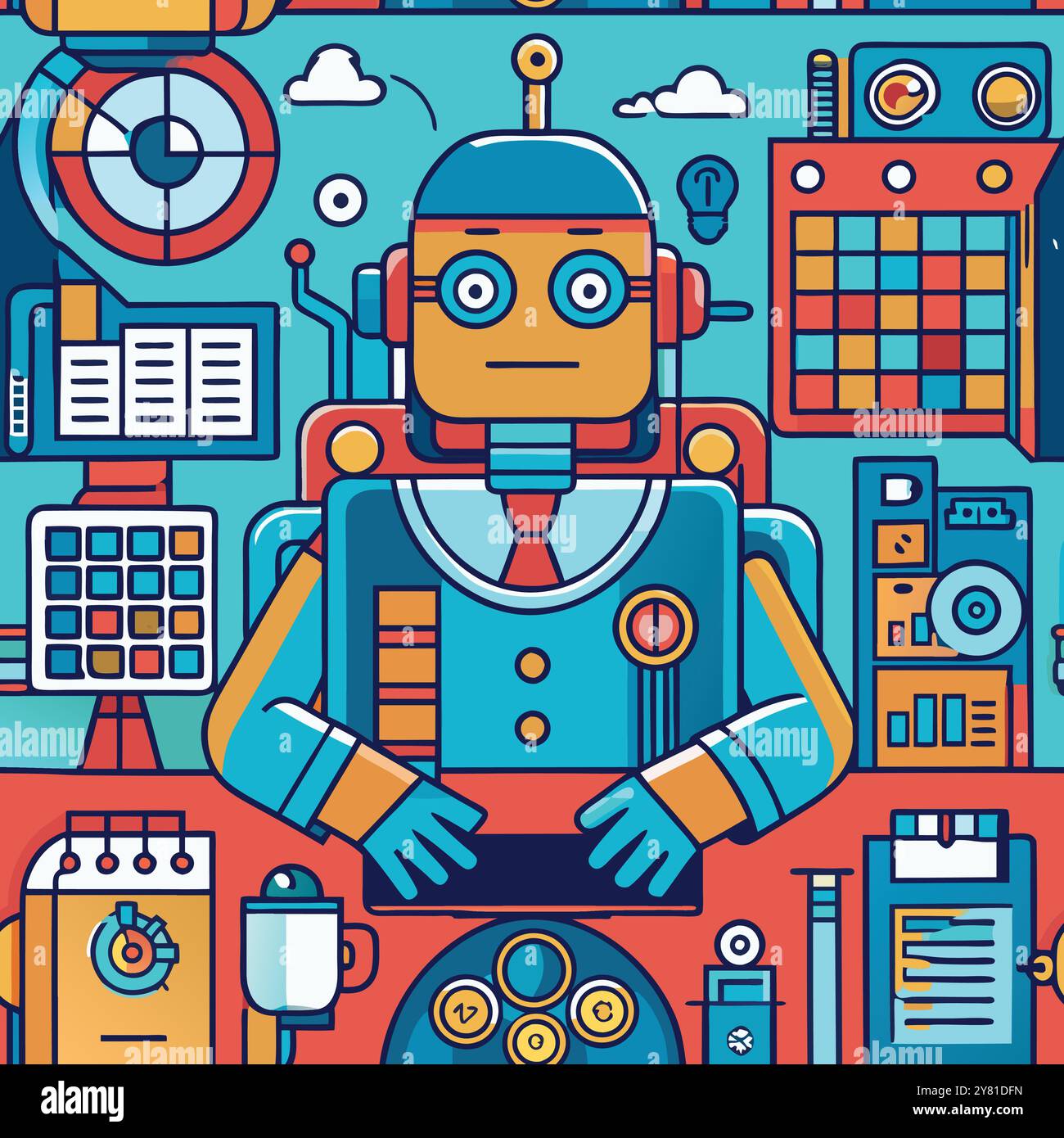 A friendly robot with glasses sits at a desk. ready to work. Hes ...