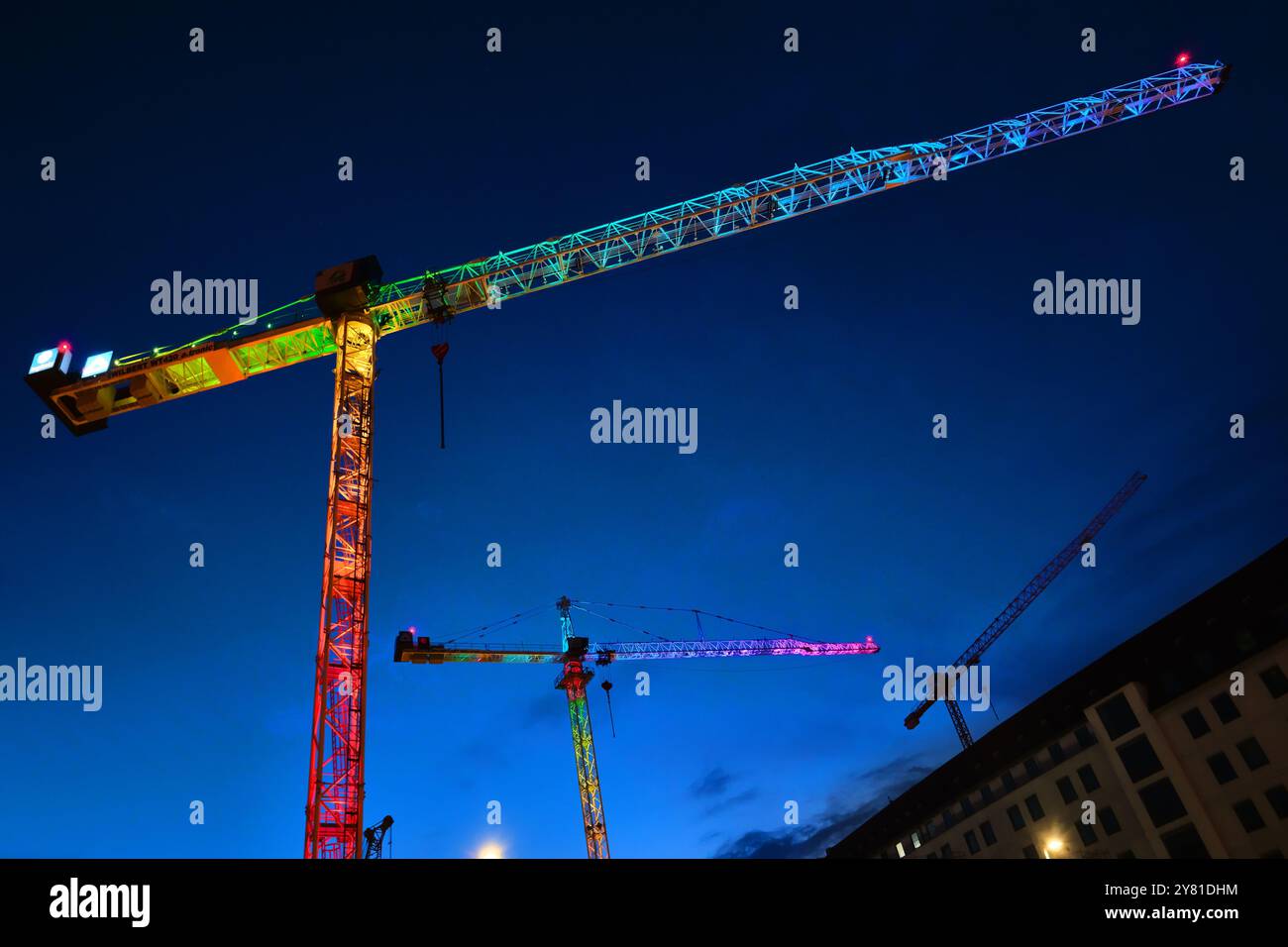 Munich, Germany - April 18, 2024: Colorful illuminated construction ...