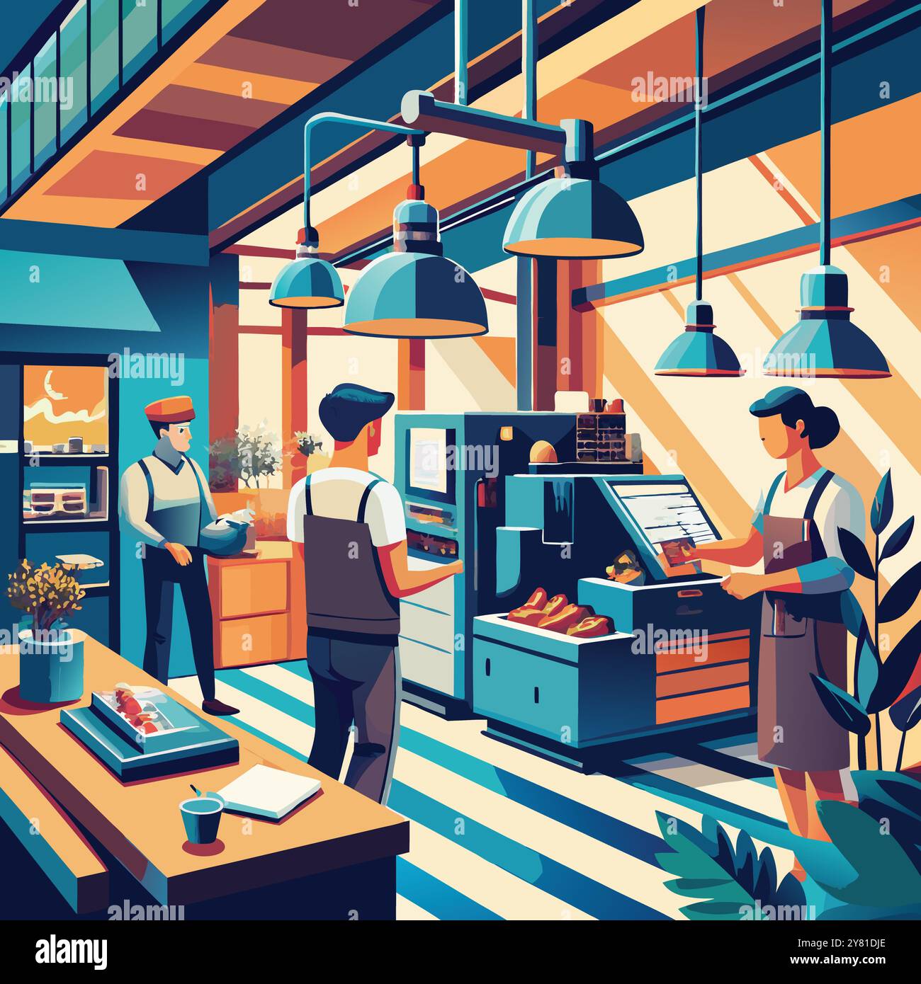 A vibrant illustration depicting a cafe interior with customers ...
