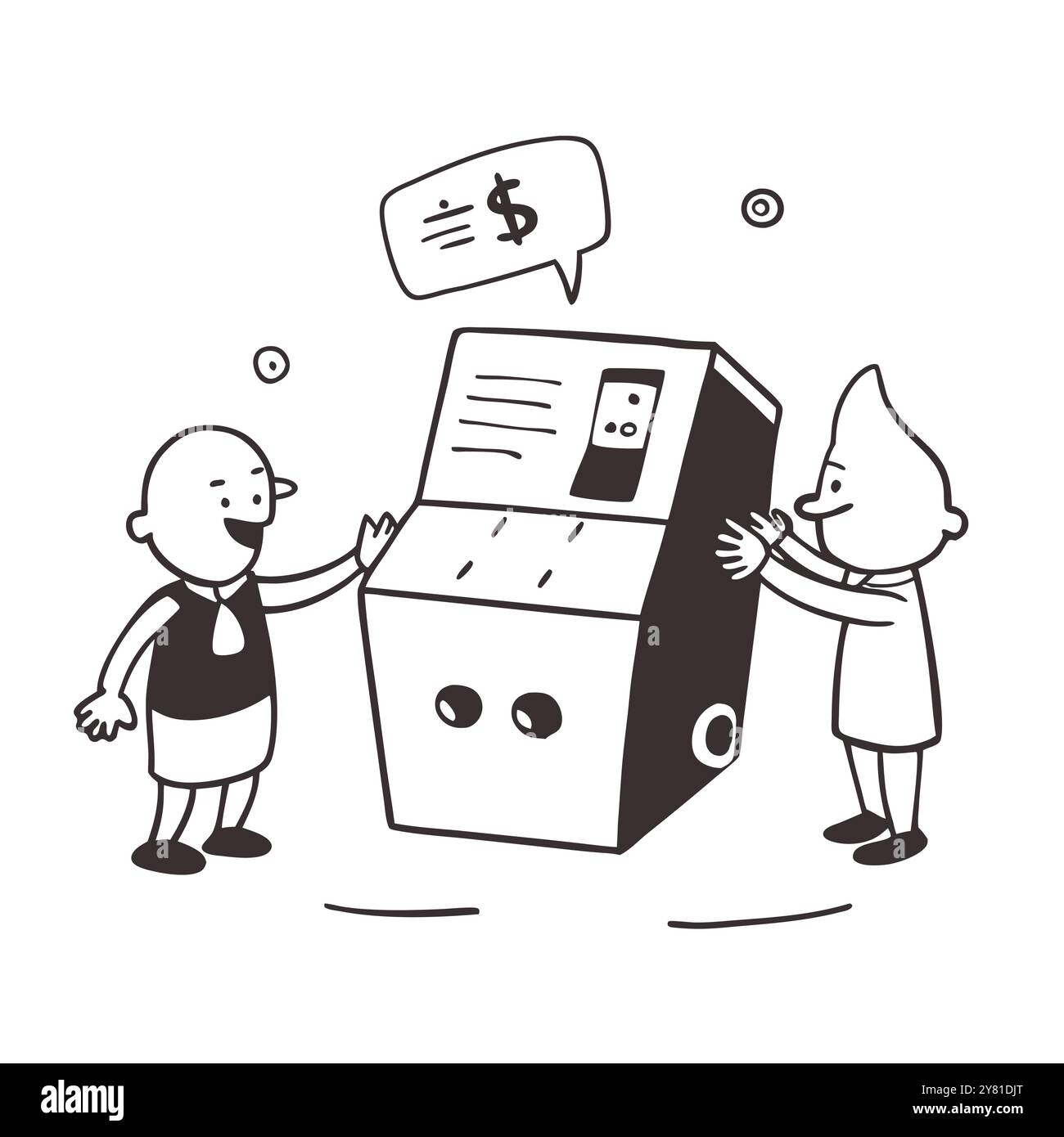 A simple line drawing of two cartoon characters interacting with a ...