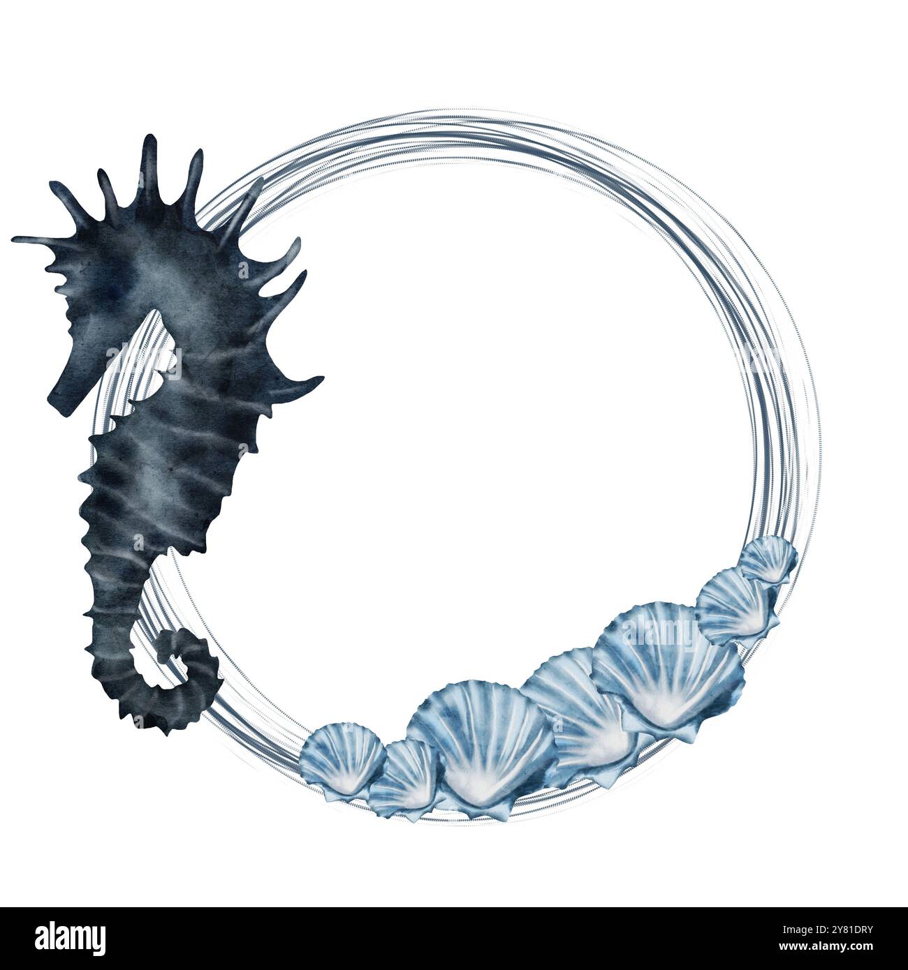 Seahorse and shells watercolor round frame. Hand drawn blue sea animal ...