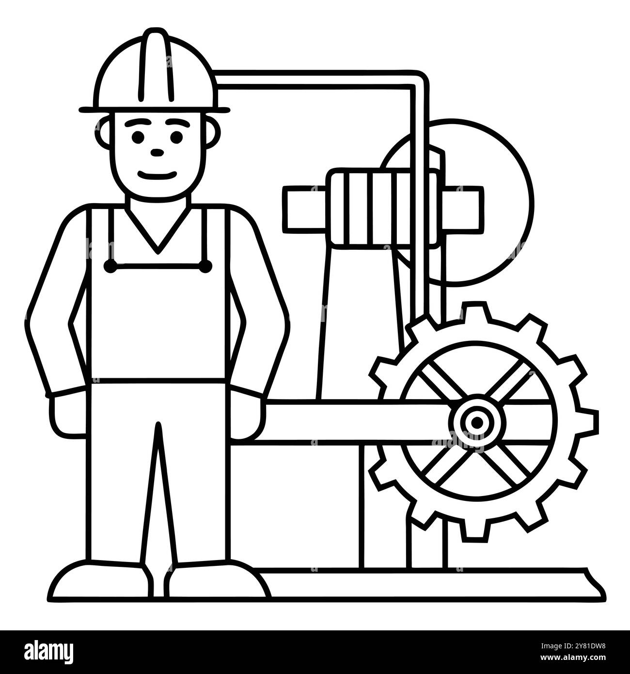 A simple line art illustration of a happy construction worker standing ...