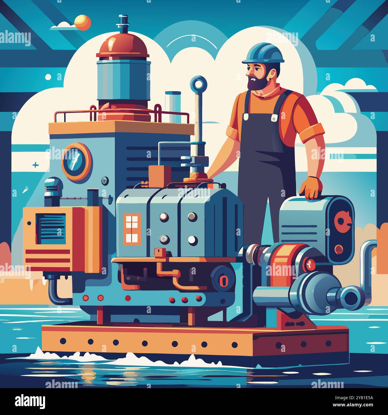 A cartoon style illustration of a large industrial machine on a ...