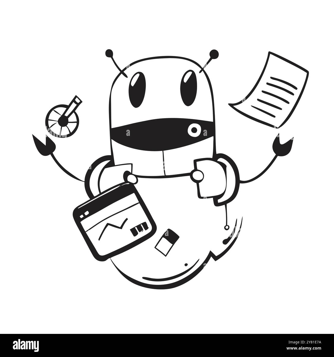 A friendly robot juggling various tasks. including a document. a chart ...