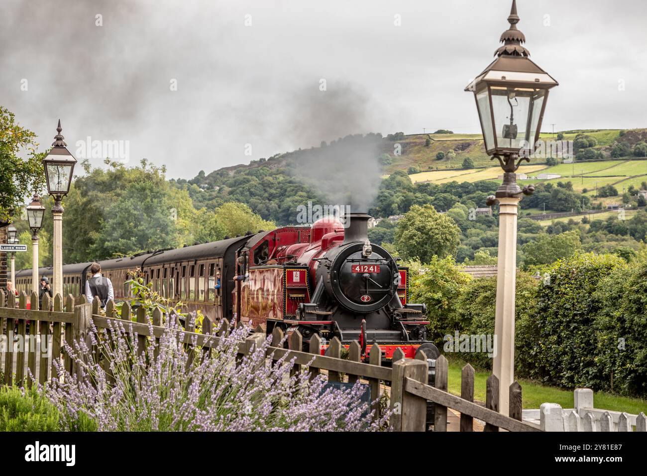 KWVR '2MT' 2-6-2T No. 41241 arrives at Oakworth on the Keighley and ...