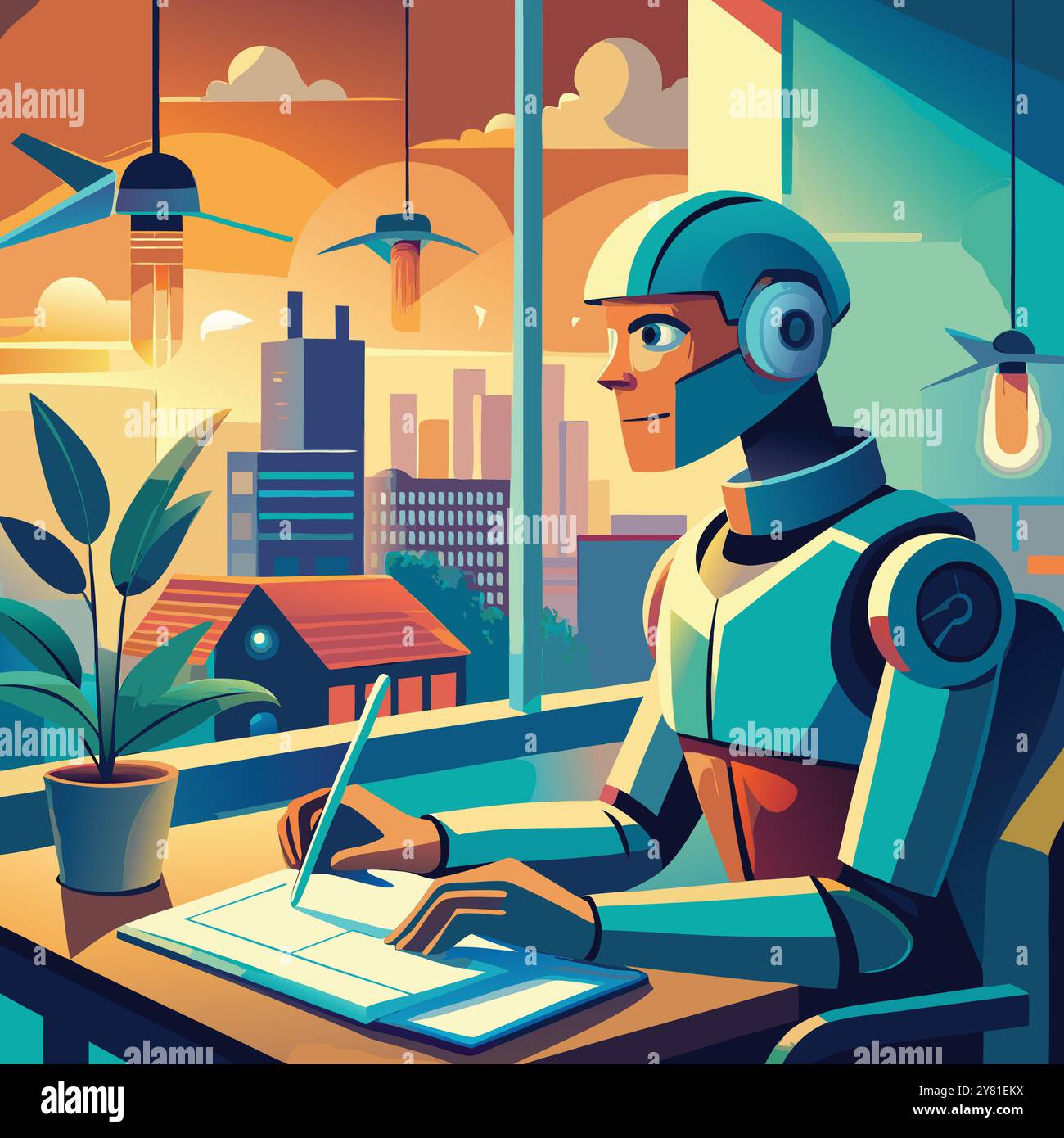 A futuristic robot sits at a desk. writing in a notebook. with a city ...