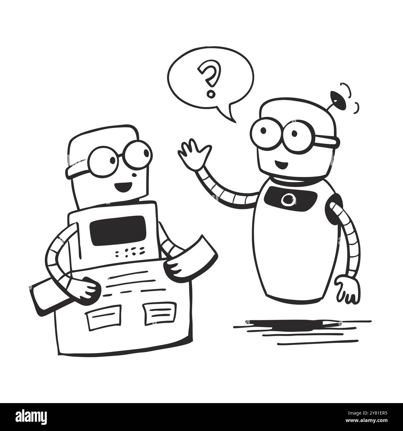 Two friendly robots. one with a question mark above its head. are ...