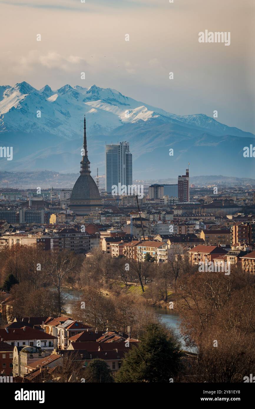 View of Turin, the first capital of Italy, from the surronding hills ...