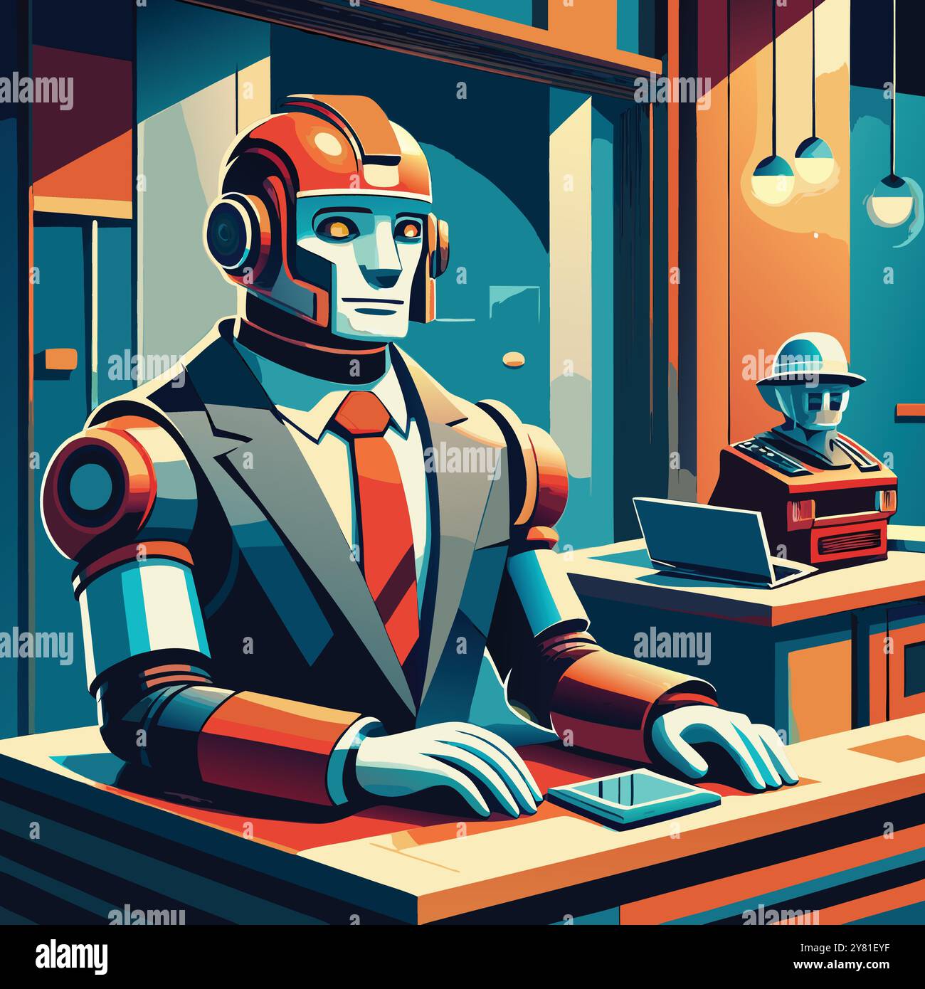 A stylized illustration of an android wearing a suit and tie. sitting ...
