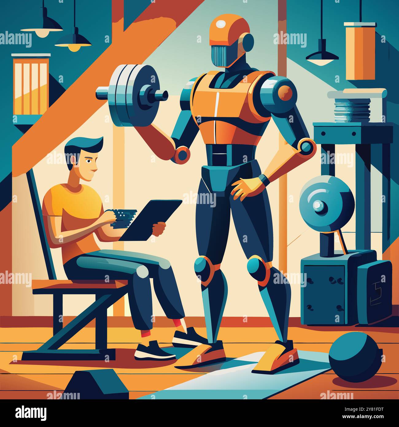 A futuristic robot personal trainer demonstrates a weightlifting ...