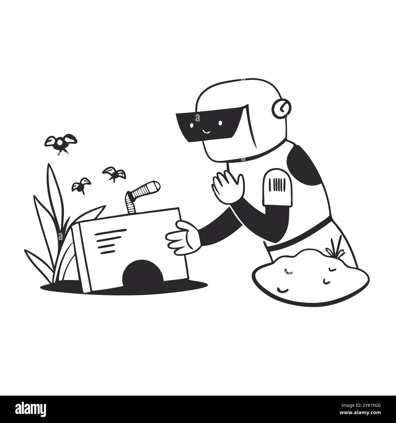 A friendly robot with a barcode on its arm. holding a box with a ...