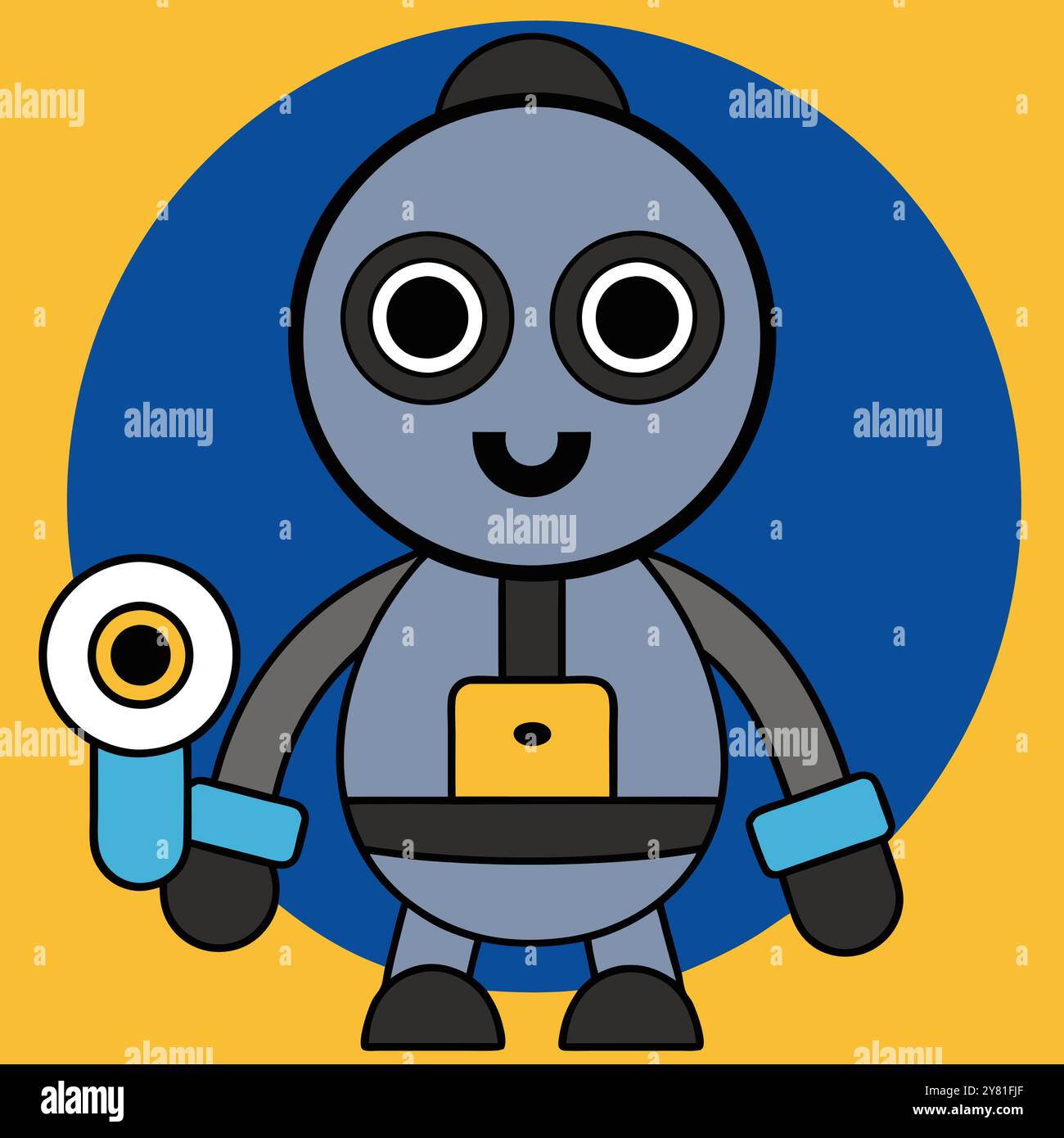A friendly. cartoon robot with a big smile. wearing a blue and yellow ...