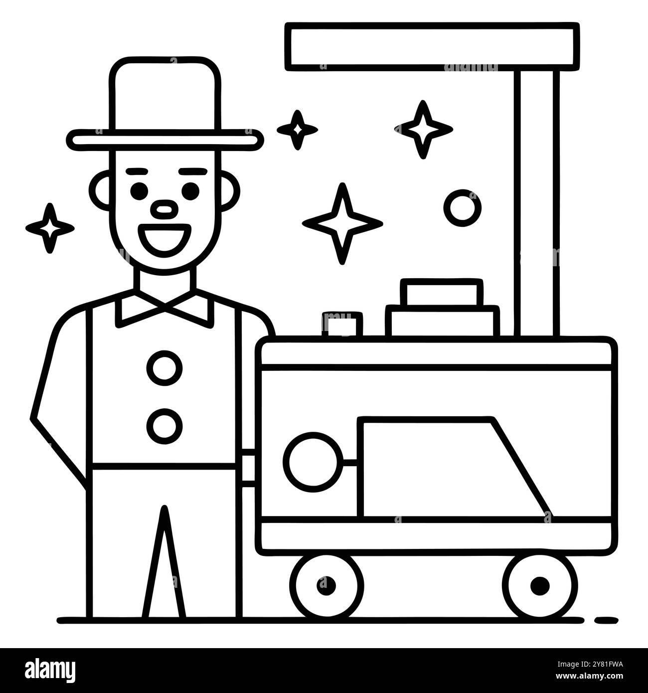 A simple line drawing of a smiling magician with a top hat. standing ...