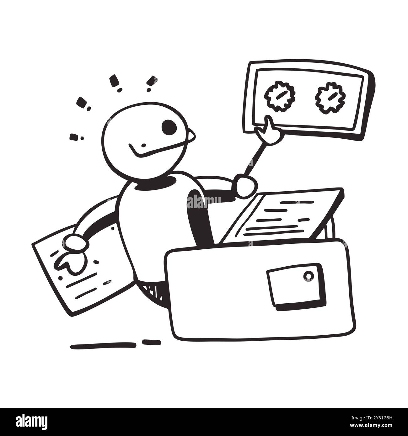 A Simple Line Drawing Of A Robot Working On A Computer With Papers Showcasing The Capabilities