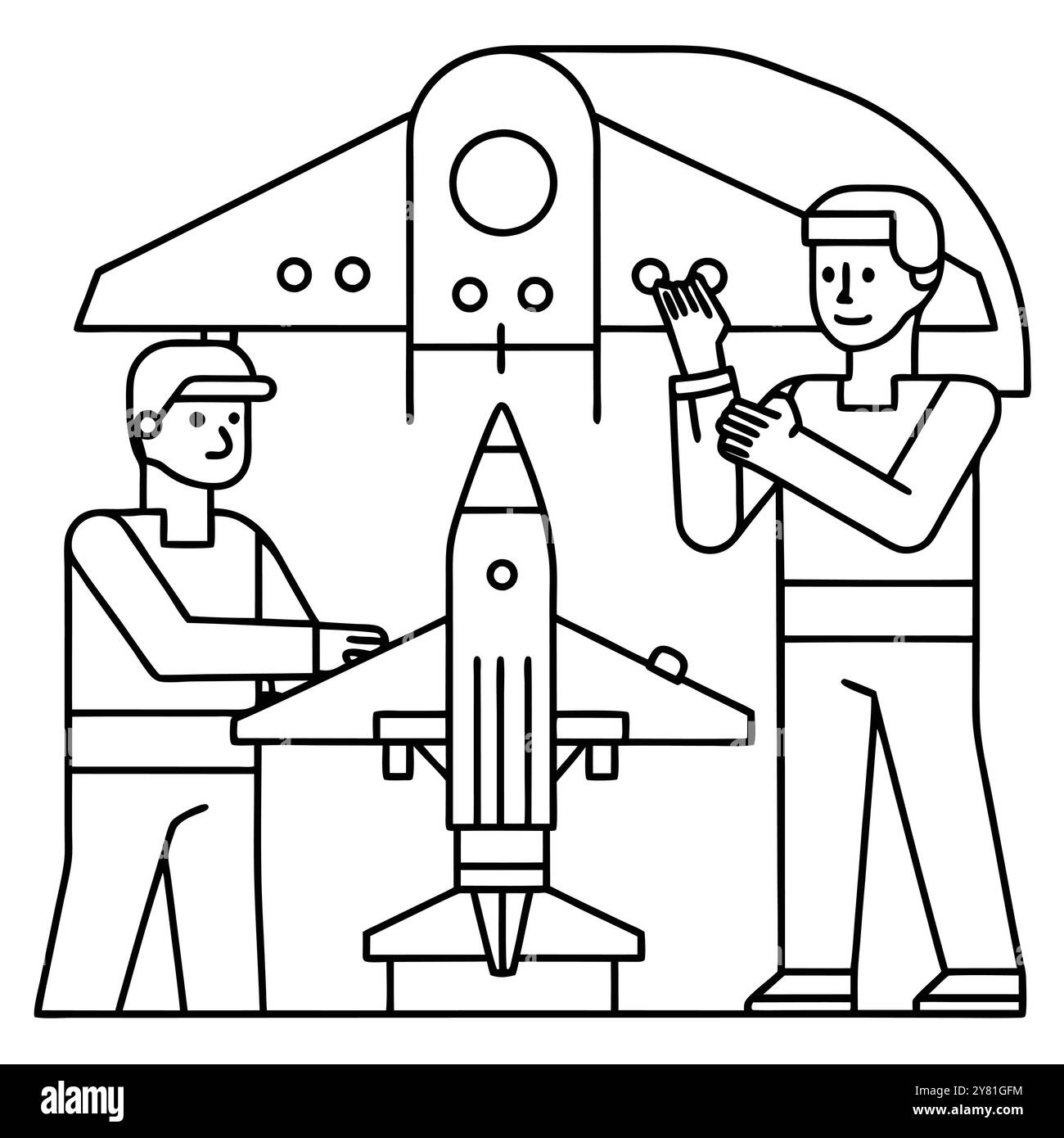 A line drawing illustration of two engineers working on an airplane ...