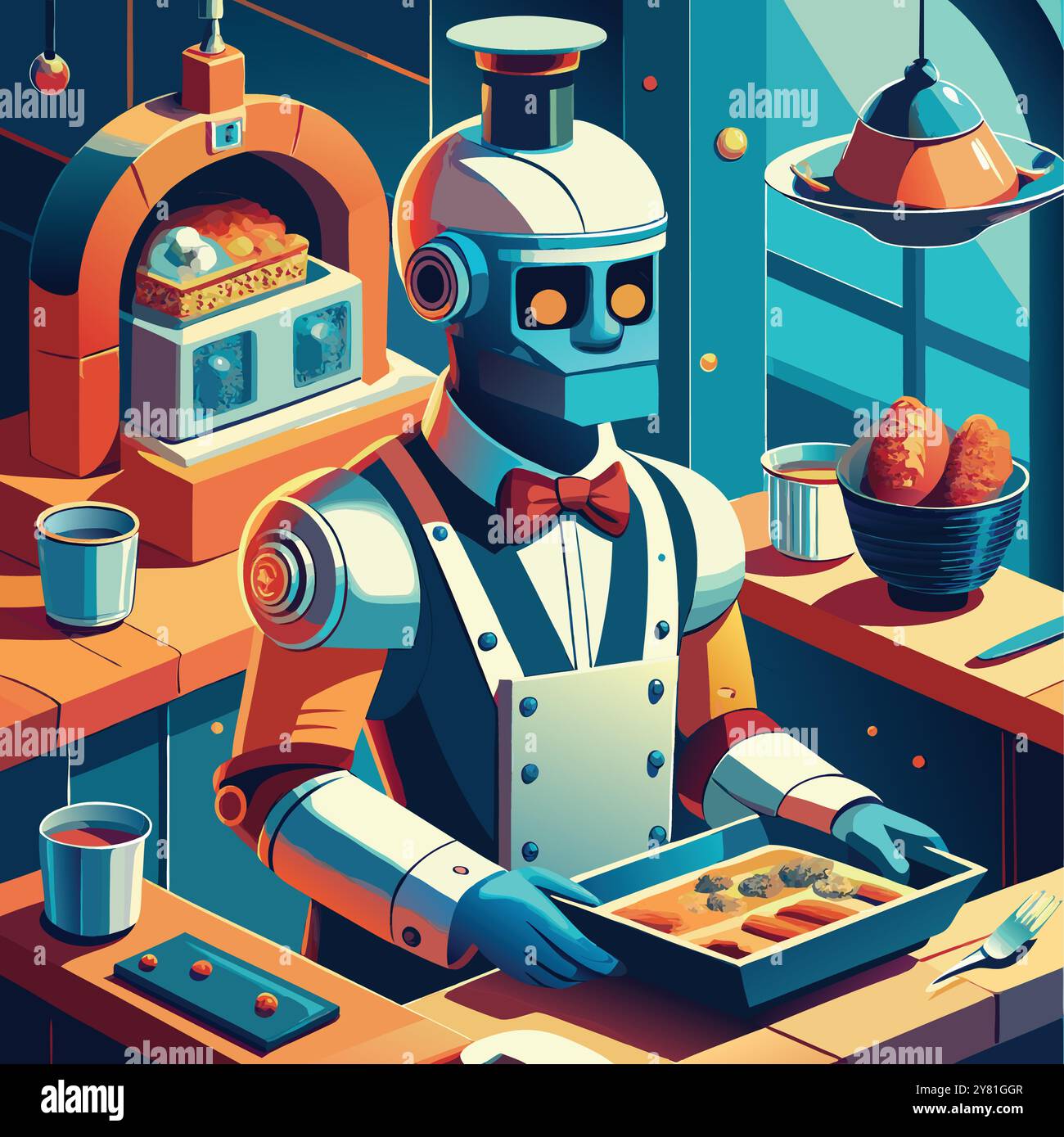 A friendly robot chef serves a tray of food. The robot is dressed in a ...