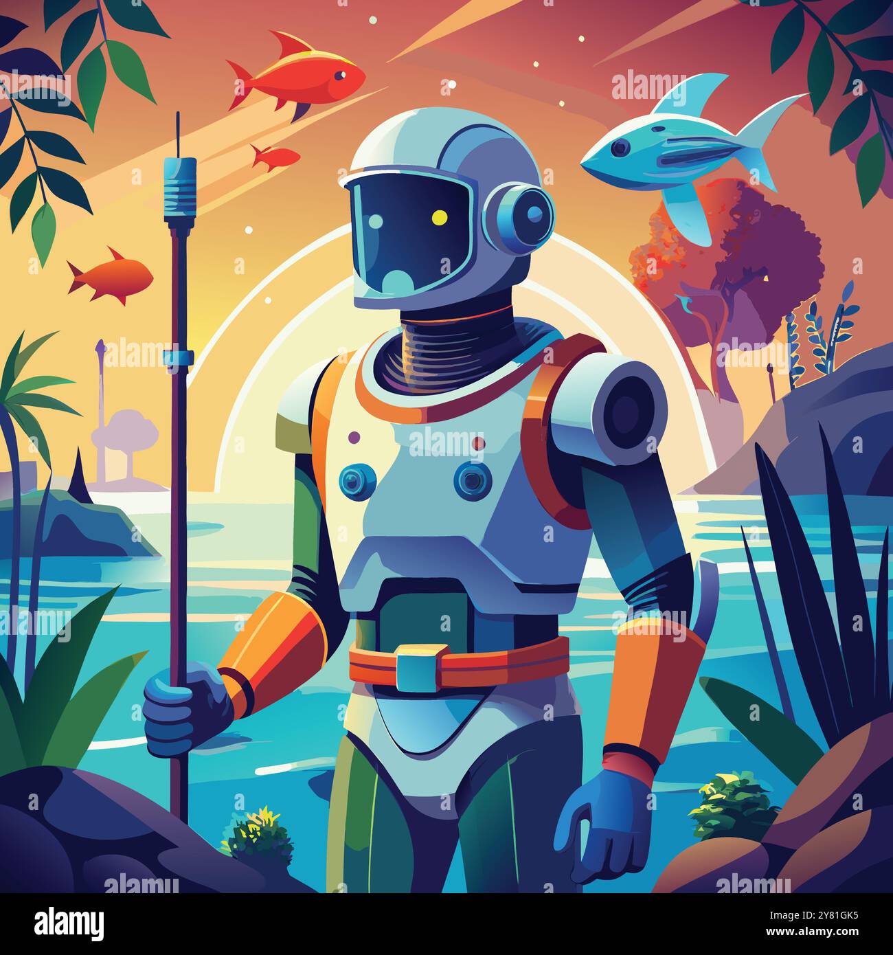 A futuristic robot explorer stands in a tropical landscape. holding a ...