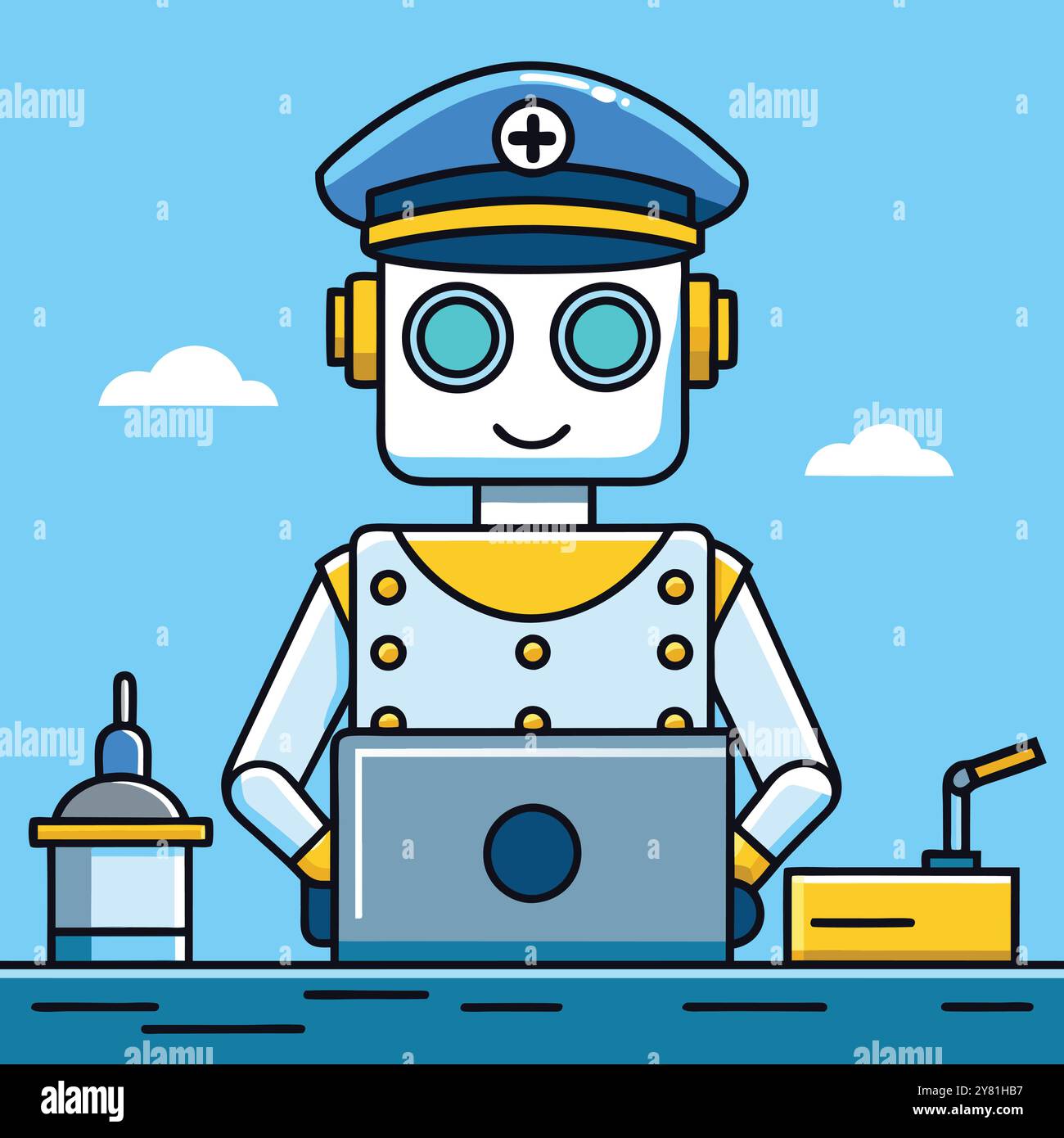 A friendly robot wearing a captains hat smiles while working on a ...