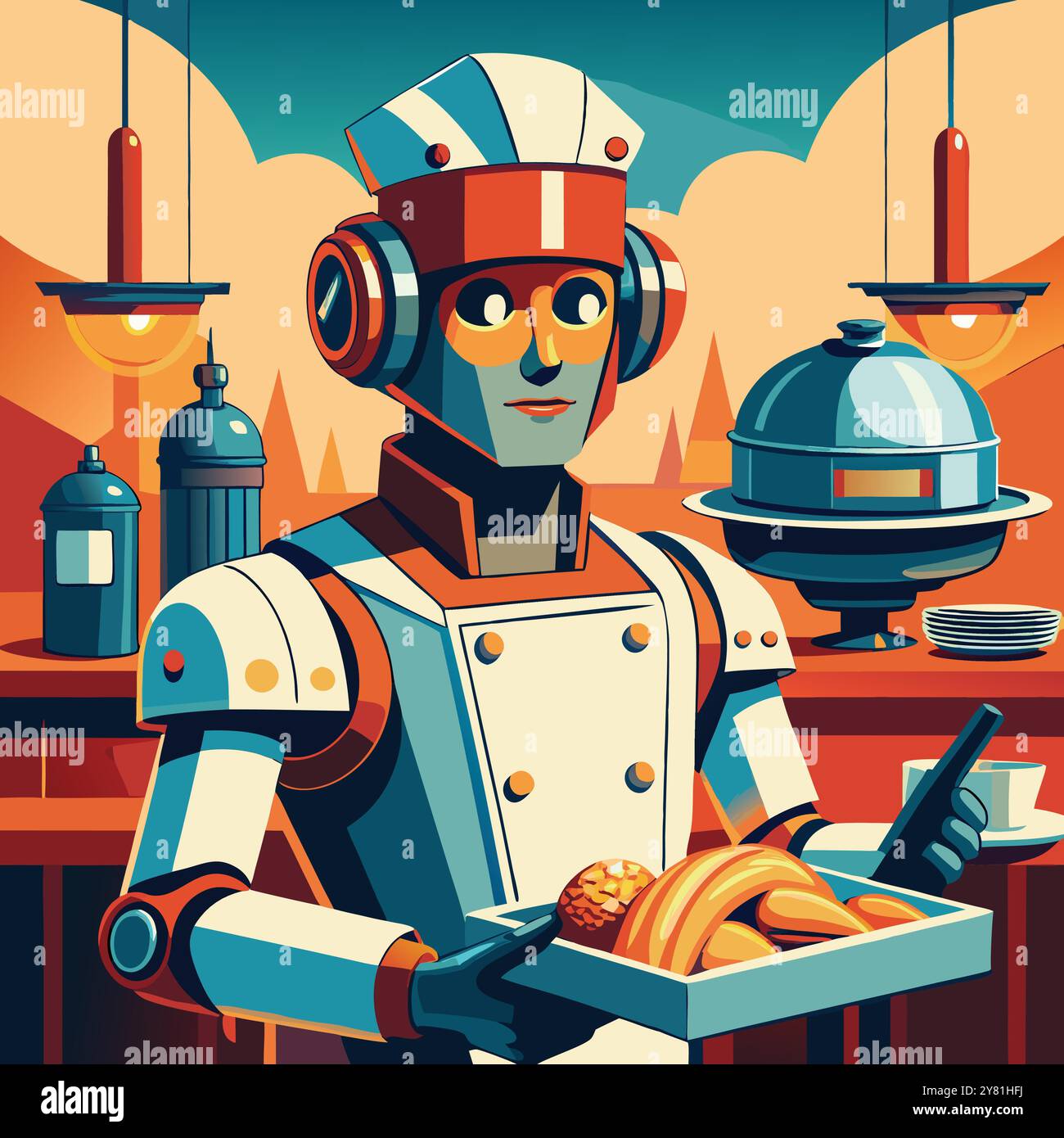 A futuristic robot chef in a white uniform serves a tray of food in a ...
