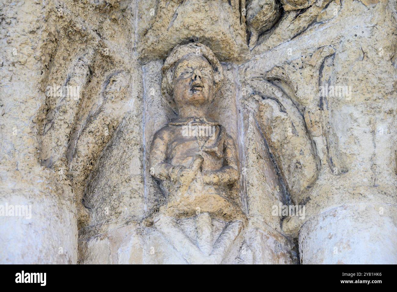 London, England, UK. Temple Church: badly eroded carved stone figure in ...