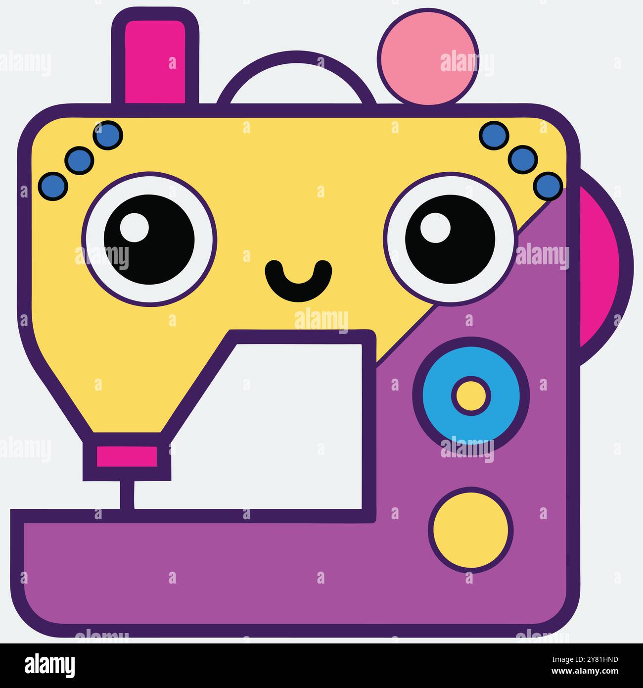 A cute. cartoon style sewing machine with a big smile and playful ...