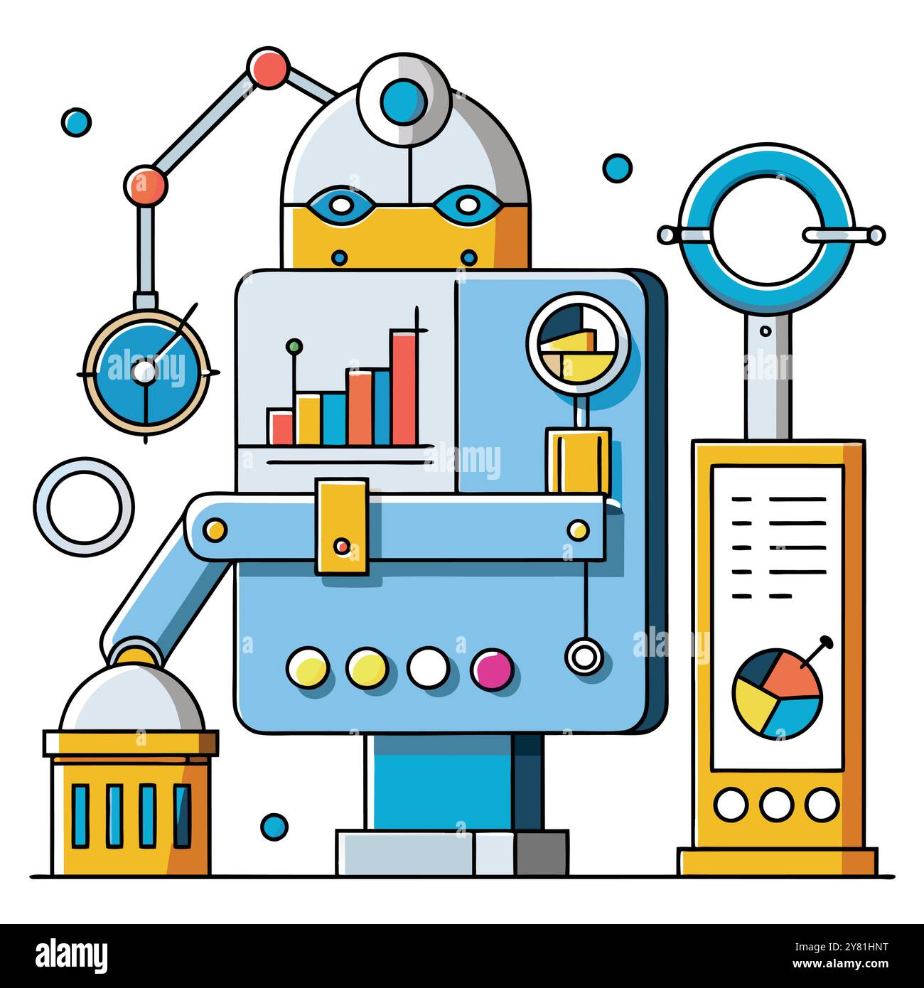 Cute cartoon robot with various data visualizations. ideal for tech and ...