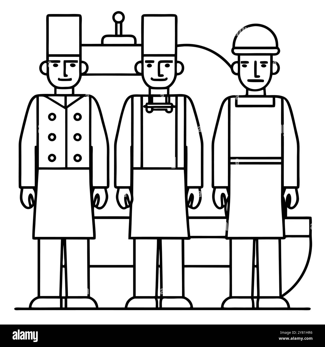 Three simple line drawings of people in different work uniforms ...