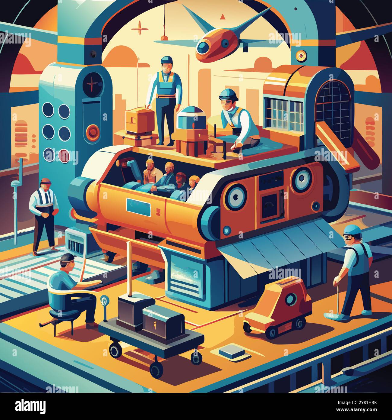 A futuristic factory scene with workers operating a complex machine ...