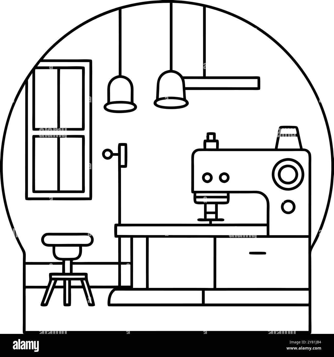 Simple line art illustration of a sewing room with a sewing machine ...