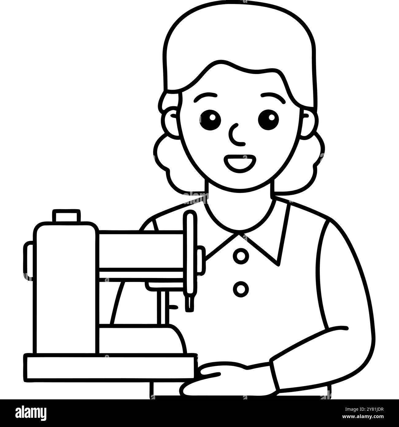 A simple line drawing illustration depicting a woman using a sewing ...