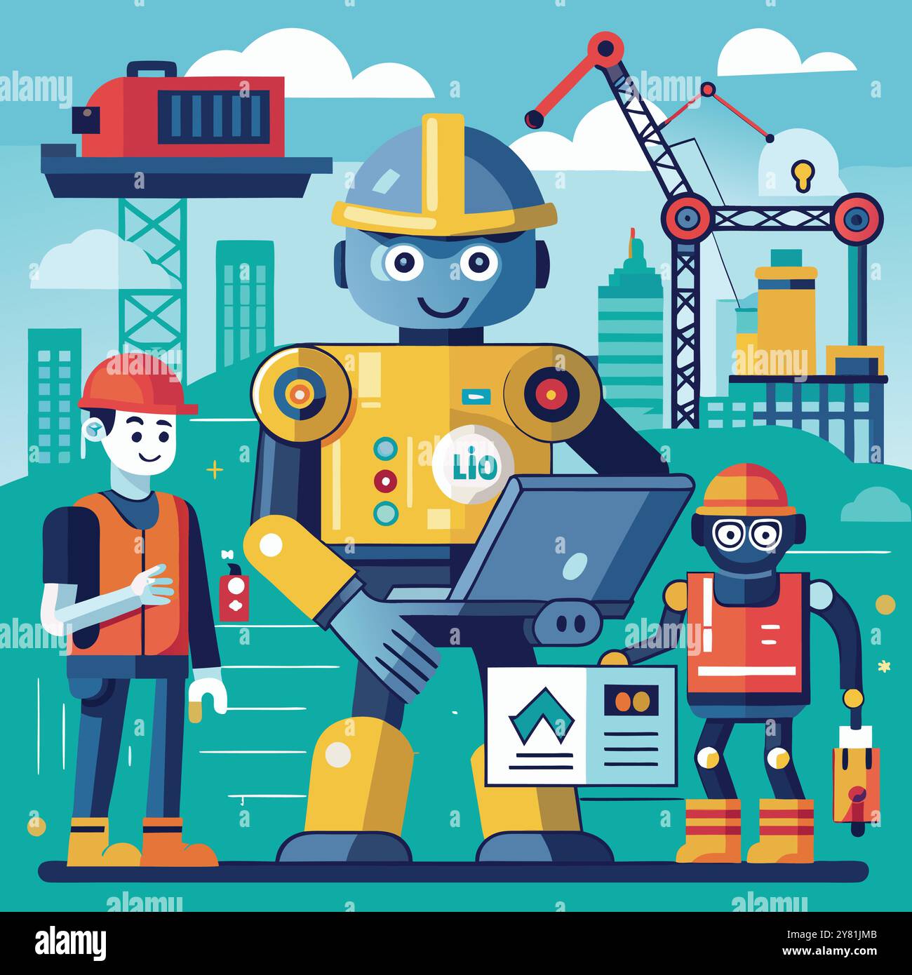 A friendly AI robot wearing a hard hat and holding blueprints works ...