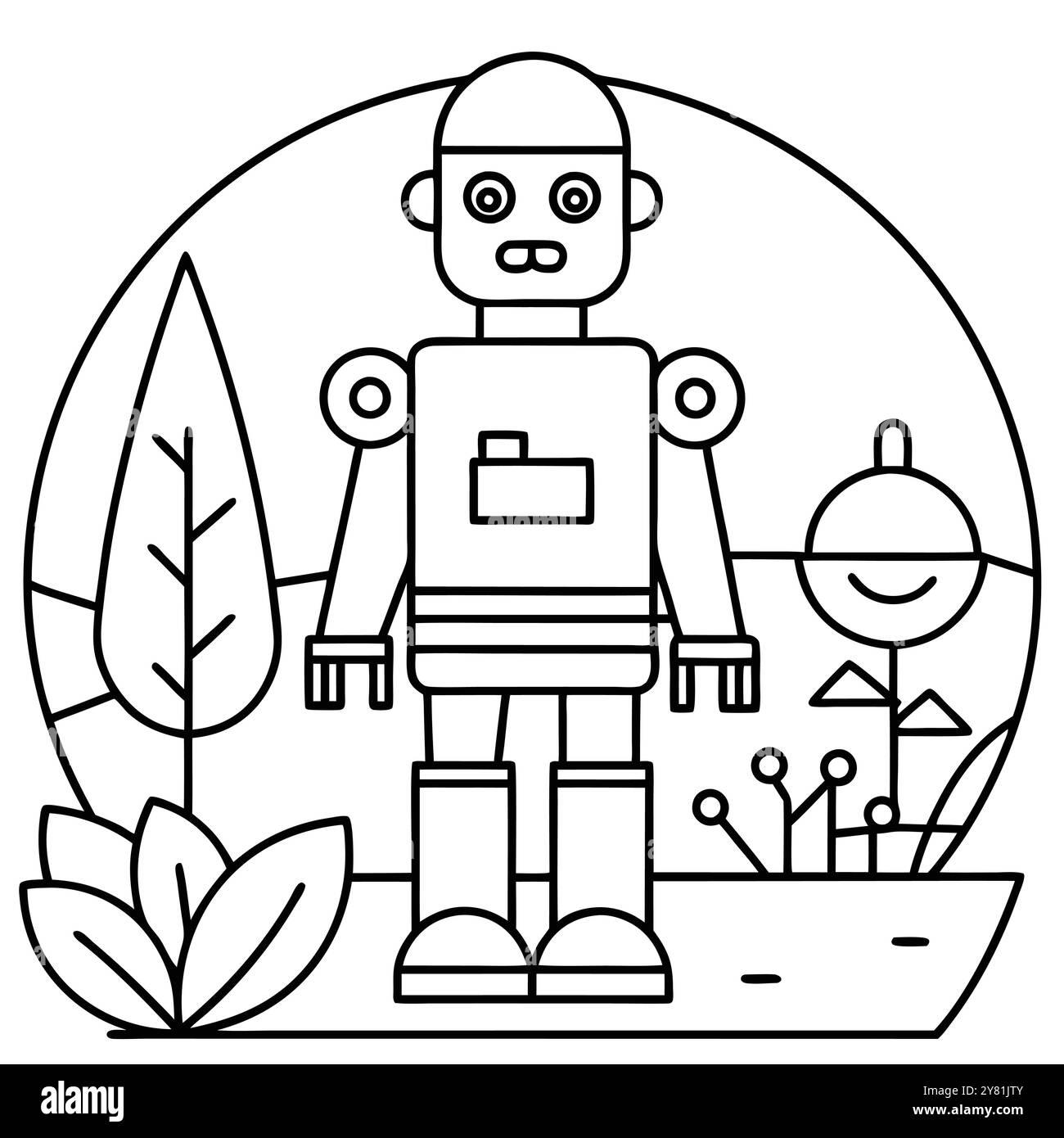 A simple line drawing illustration of a friendly robot in a peaceful ...
