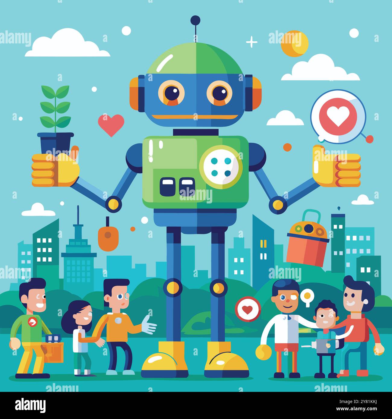 Friendly AI robot in a city park. holding a plant and offering a ...