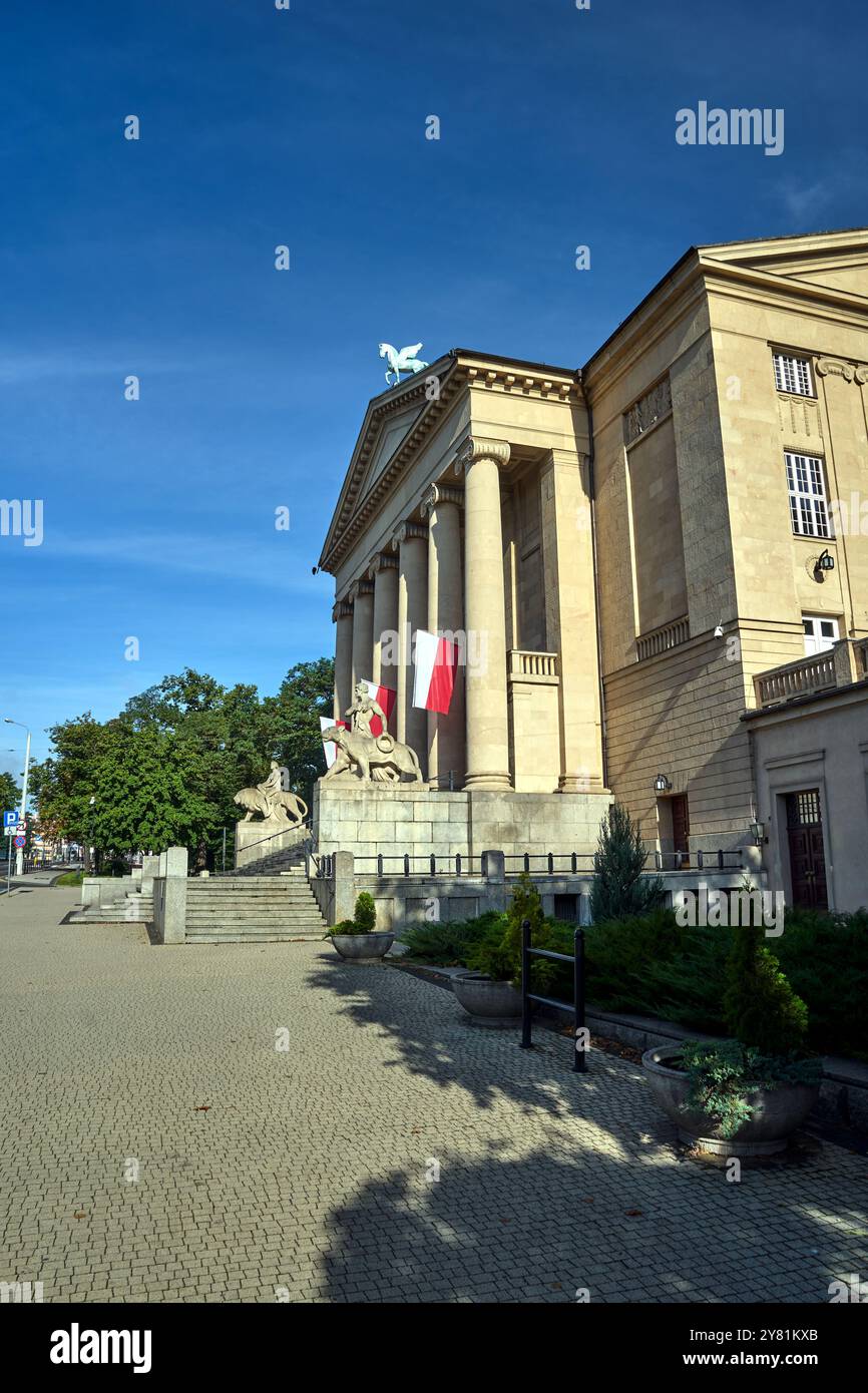 carved statues and columns of the Neoclassical facade of the historic ...