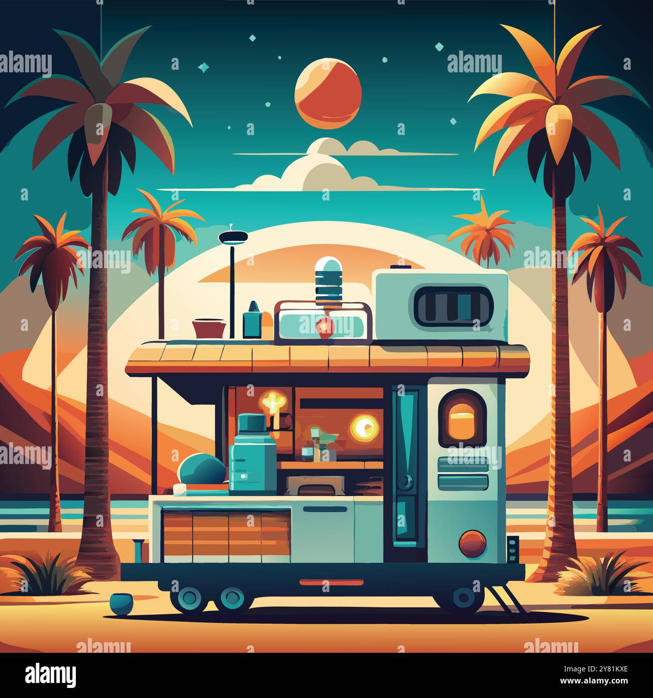 A Retro Futuristic Food Truck Parked On A Beach Under A Starry Sky With A Large Orange Moon The