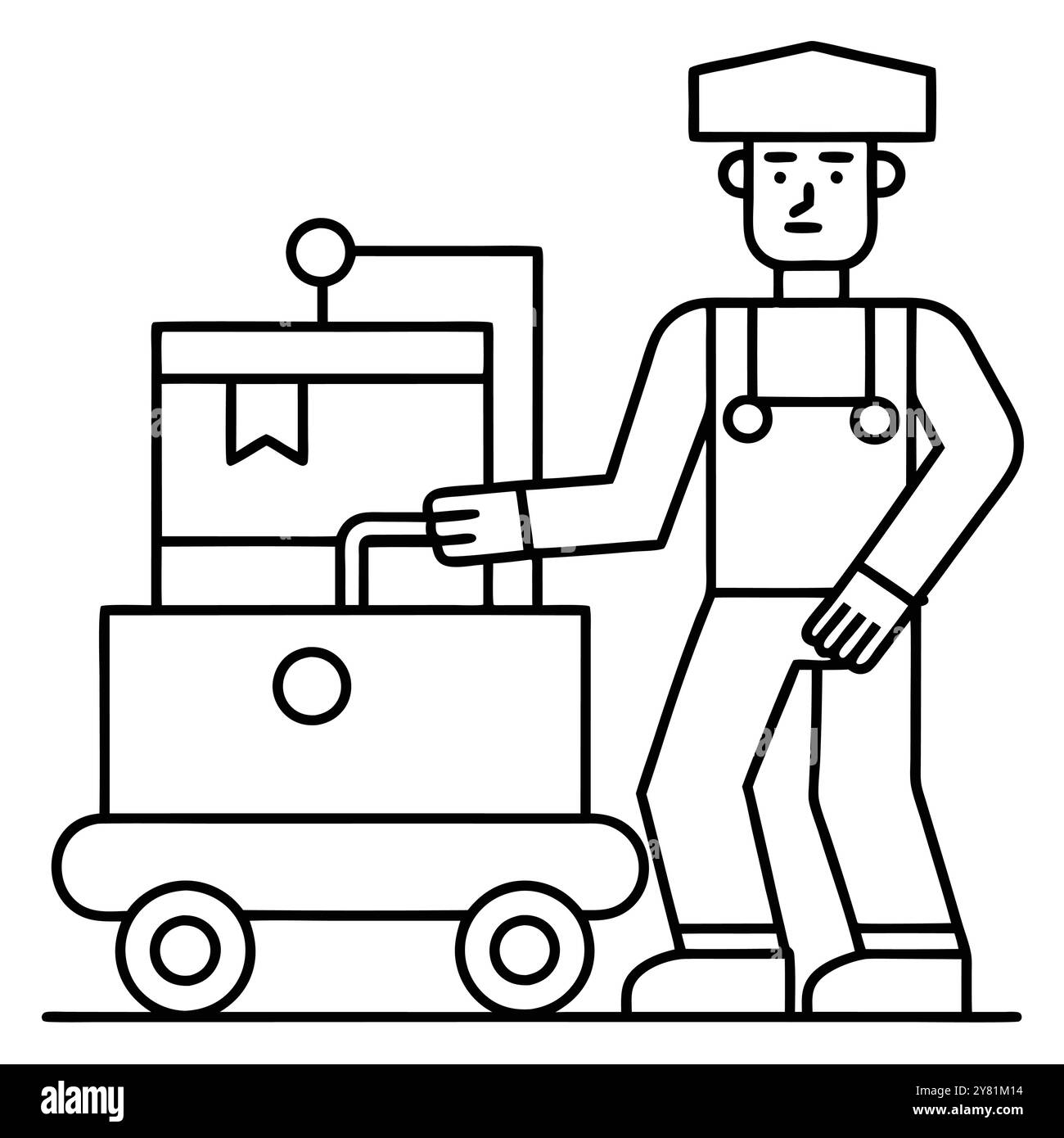 A simple line drawing of a delivery worker pushing a cart with a single ...