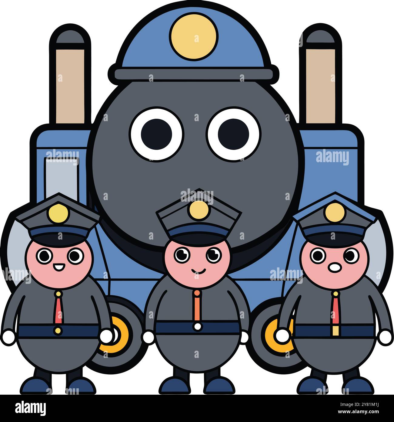 Cute cartoon train with three friendly train conductors. Perfect for ...