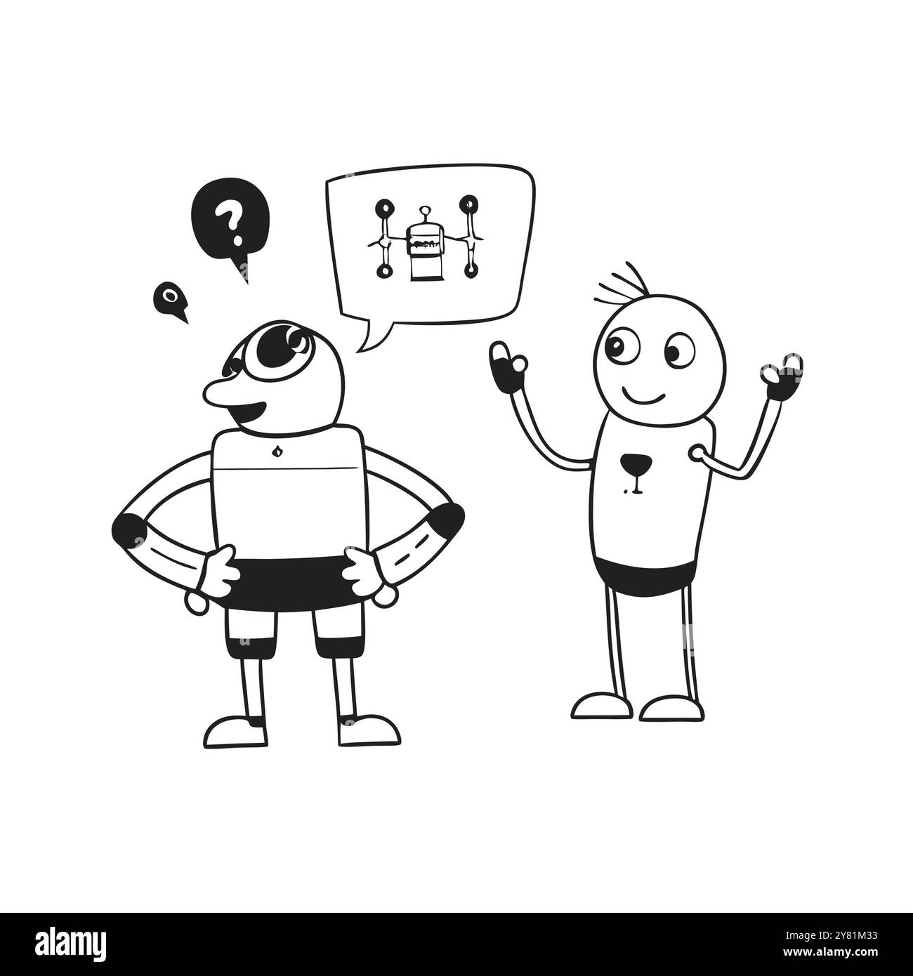 Two friendly robots. one with a question mark above its head. are ...