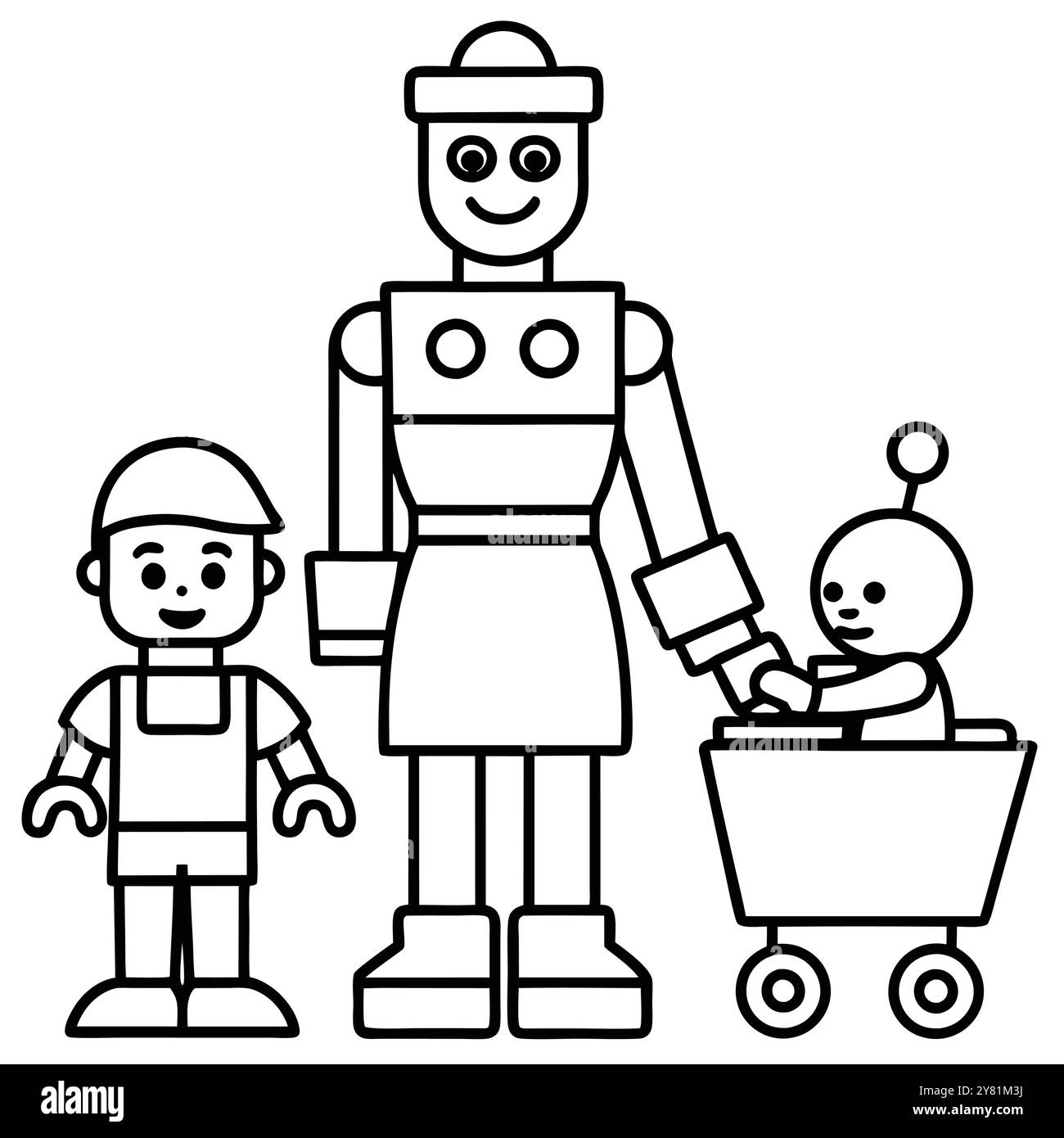 Black and white illustration of a robot family. A robot mother with ...