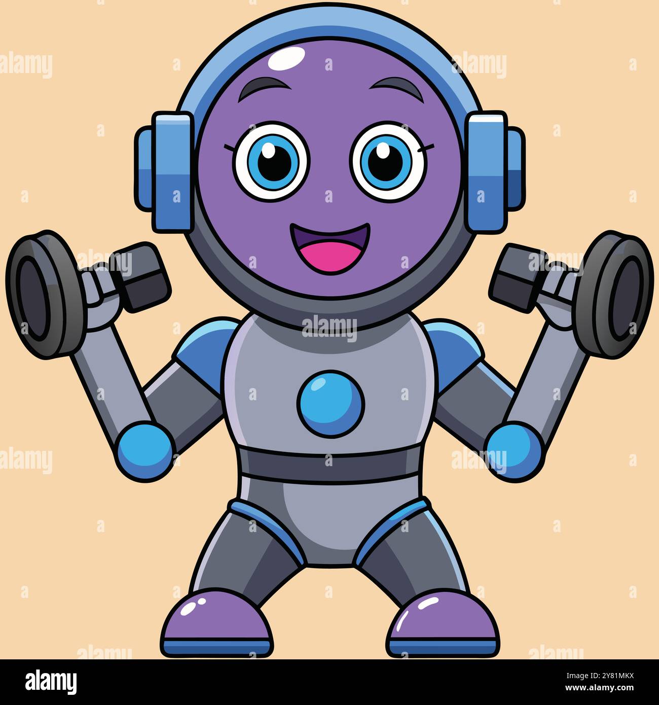 A cheerful robot with blue headphones lifts weights. Perfect for ...