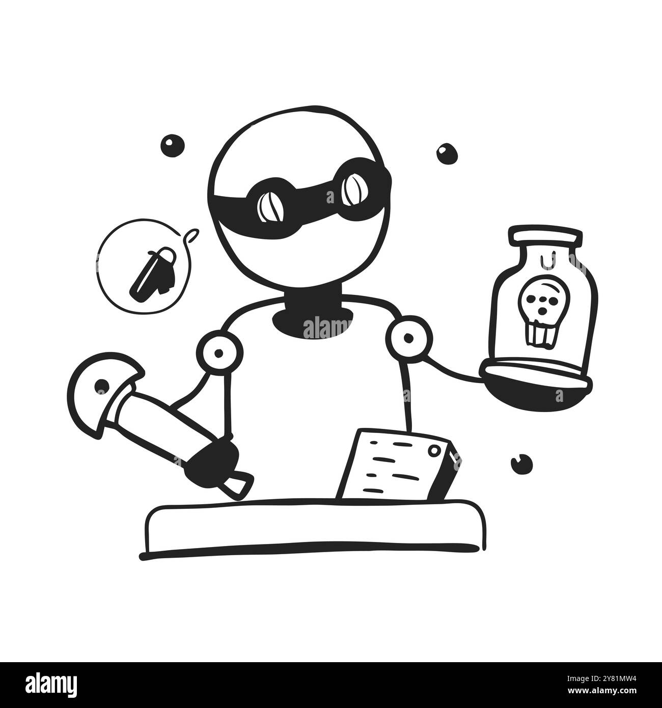 A quirky doodle of a robot holding a potion bottle. a wrench. and a ...