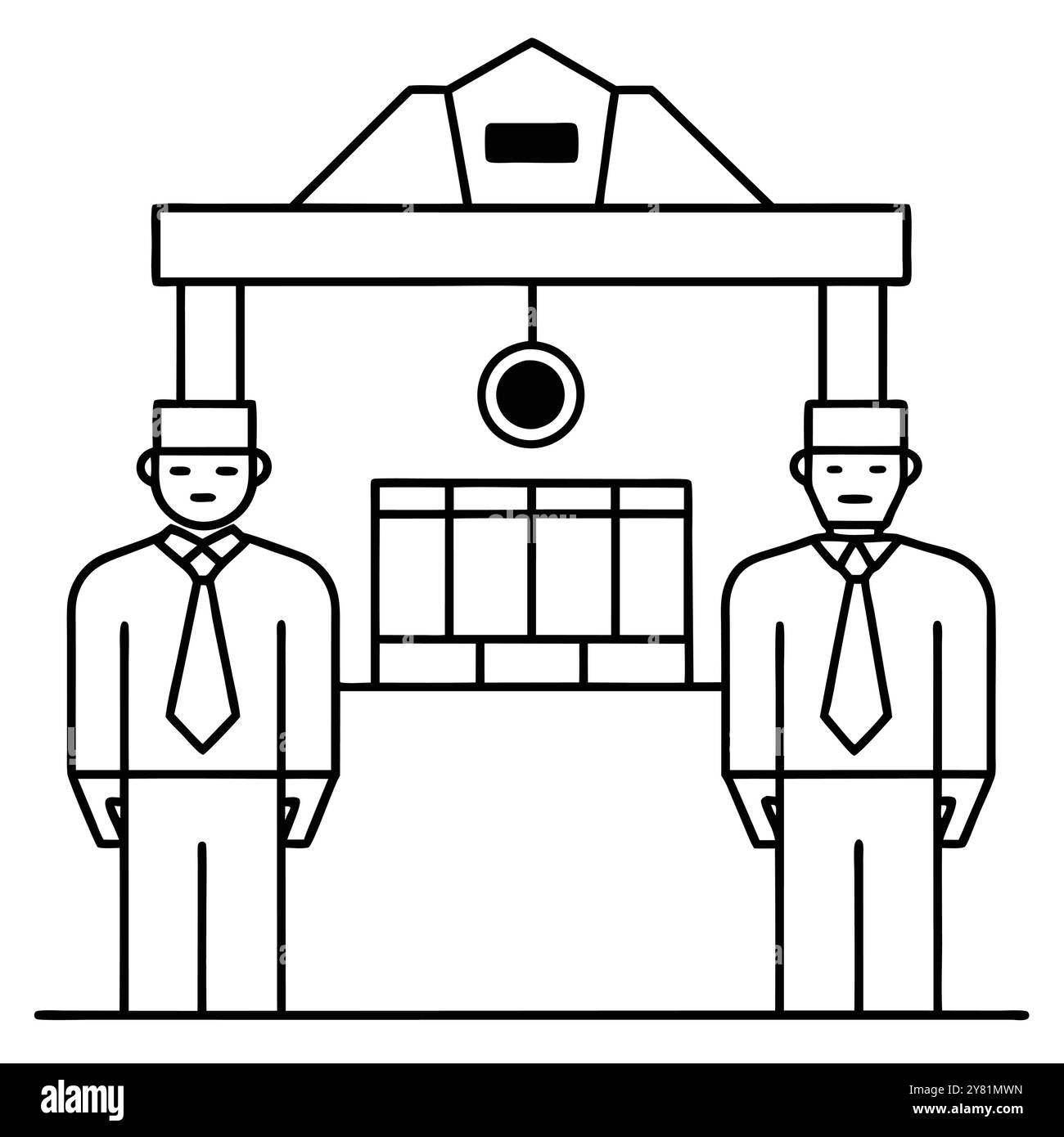 Simple line art illustration of a building with two guards standing at ...